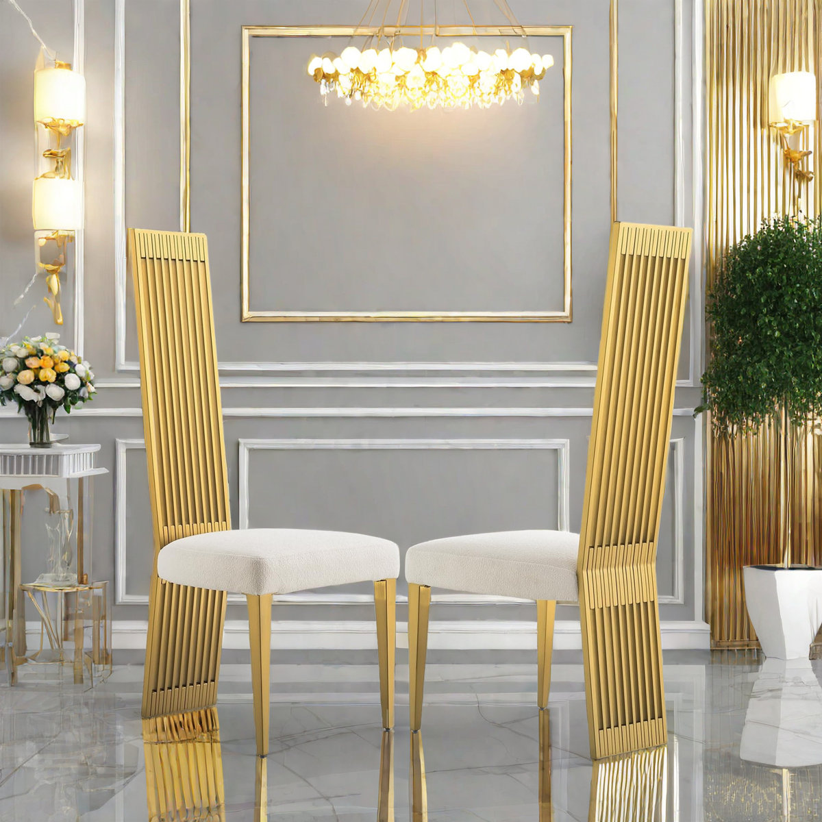 Mercer41 Modern Dining Chairs, High Back Dining Chairs with Glossy Stainless Steel Backrest and ...